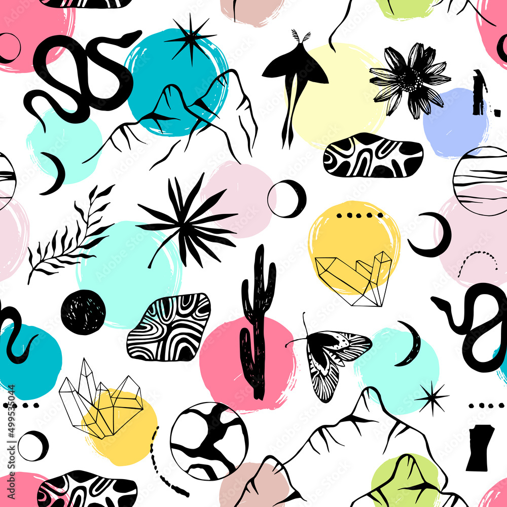 Nature seamless pattern with occult objects. Vector background. Stock ...