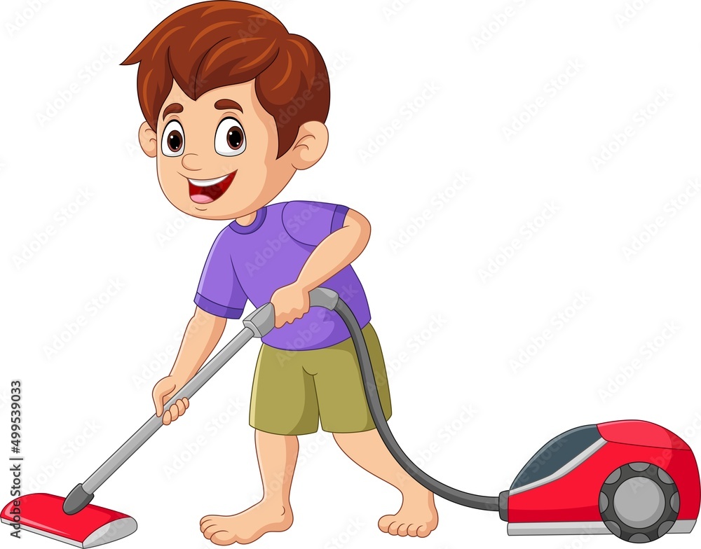 Cartoon little boy using a vacuum cleaner Stock Vector | Adobe Stock