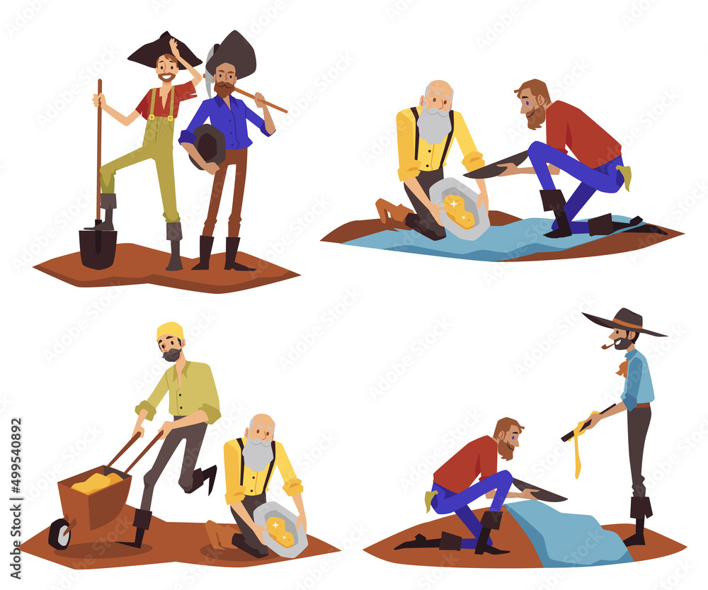 Male gold diggers from wild west during gold rush in search of treasure ...