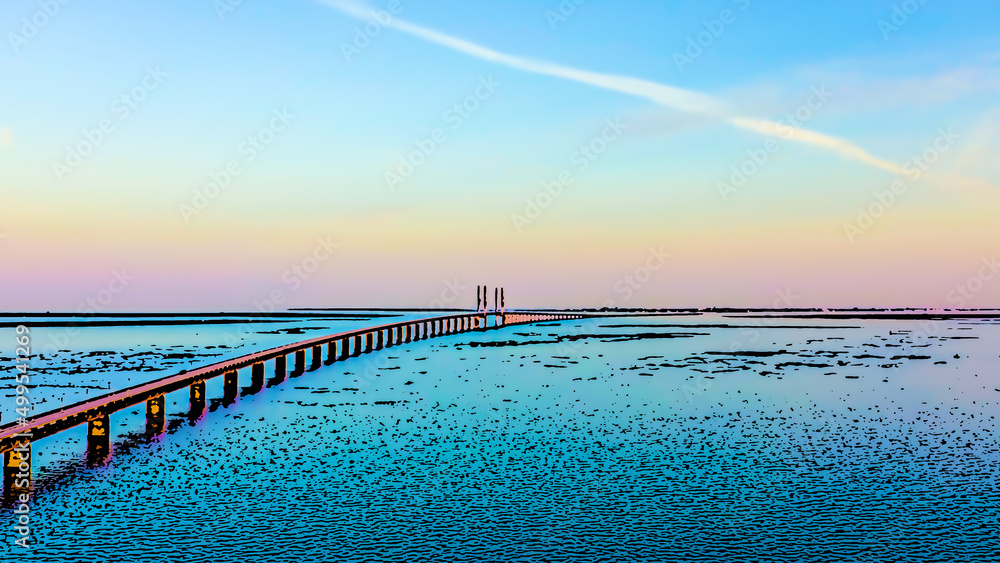 Oresund bridge. A long tunnel bridge with an artificial island between ...