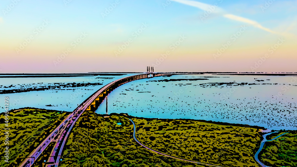 Oresund bridge. A long tunnel bridge with an artificial island between ...