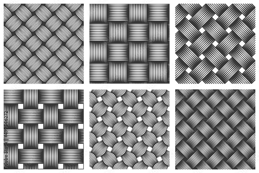 Weave seamless patterns set, vector linear backgrounds with woven ...