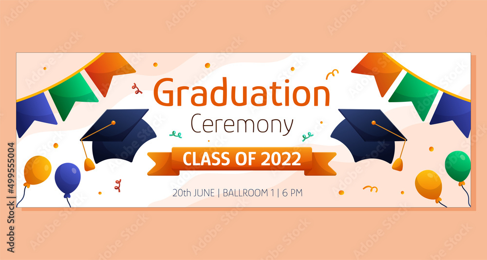 Graduation ceremony horizontal banner with colorful garlands, cap and ...
