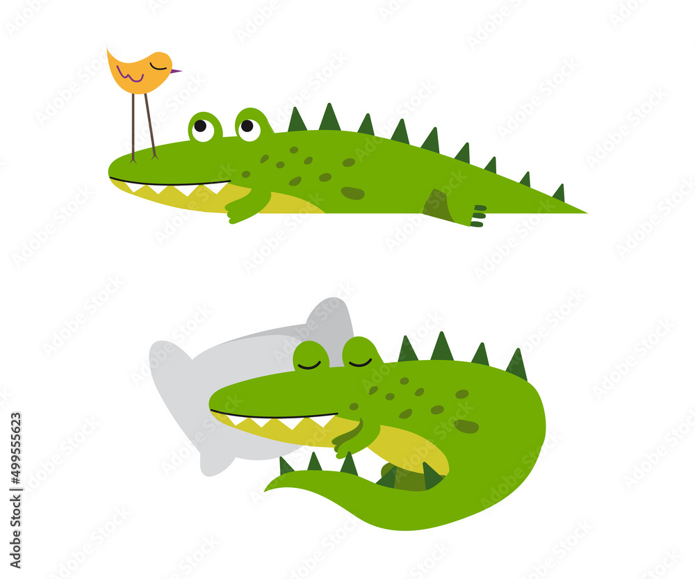 Funny friendly crocodile in everyday activities set. Cute green croc ...