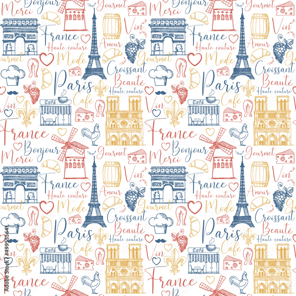 Seamless retro style background with symbols of Paris and France and ...