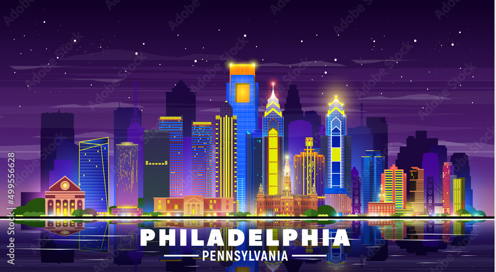 Philadelphia ( Pennsylvania USA ) night skyline with panorama at sky ...