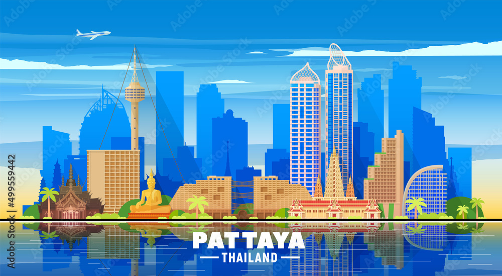 Pattaya ( Thailand ) skyline with panorama in color background. Vector ...