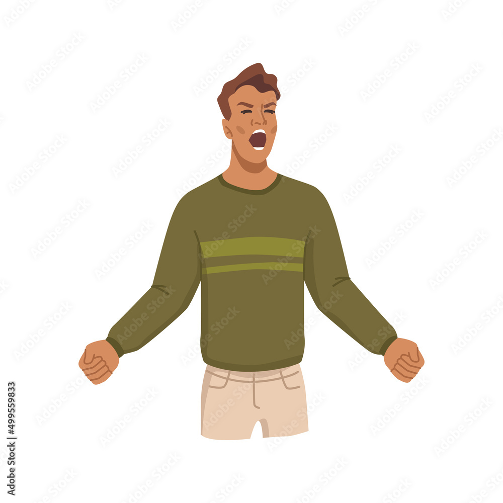 Male personage screaming and shouting, overwhelmed man filled with ...