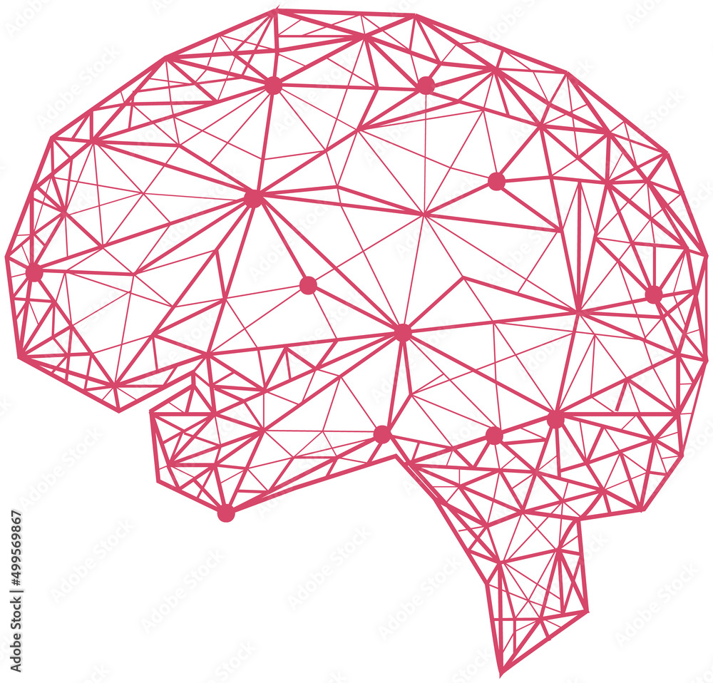 Polygonal human brain made of red lines and dots. Medical research of ...