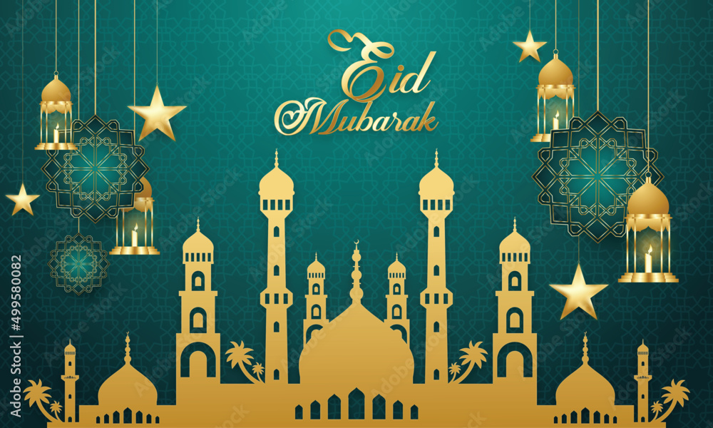 Vetor de Eid Mubarak colorful luxury Islamic background with decorative ...