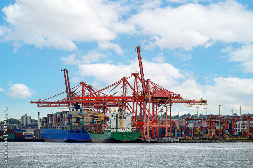 International cargo ship with containers cargo cranes and helicopter ...
