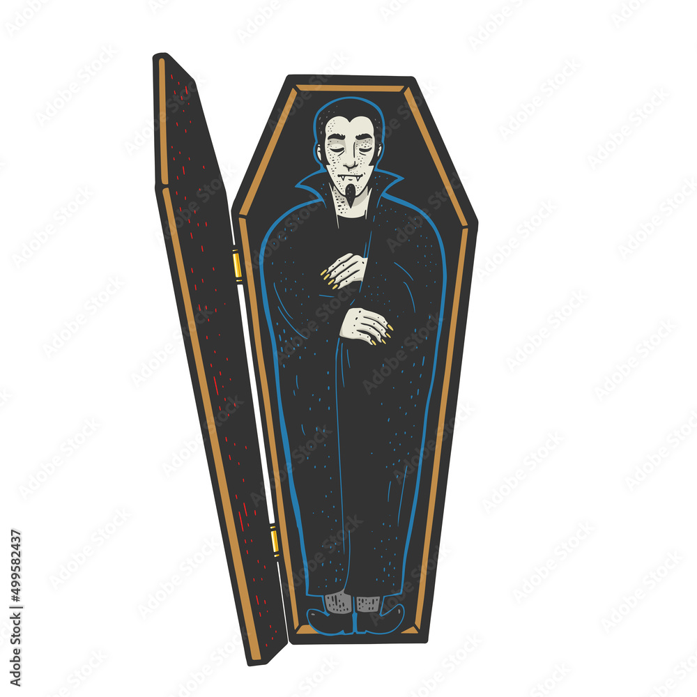 Vampire sleeping in a coffin color sketch engraving raster illustration ...