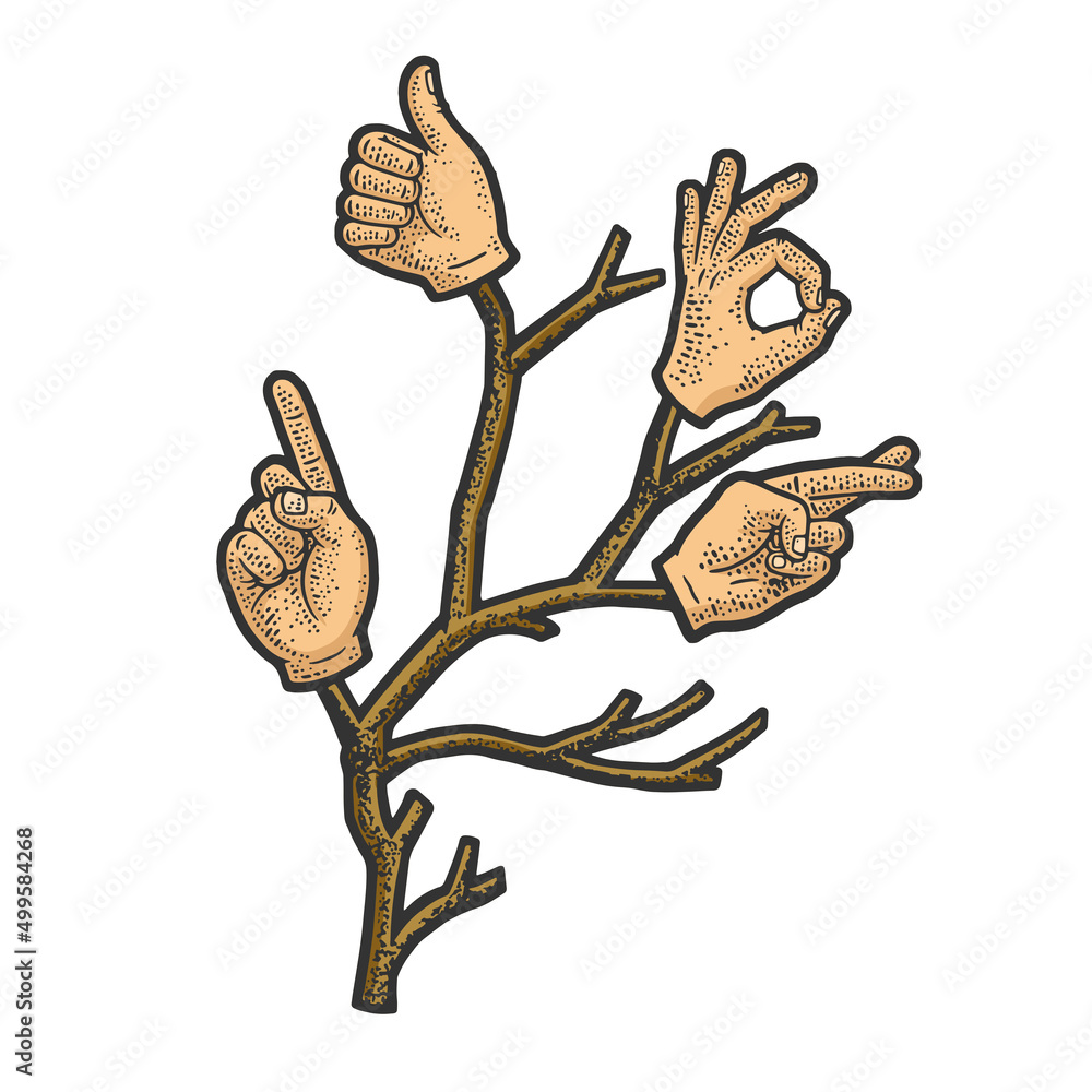 Hand gesture tree branch color sketch engraving raster illustration. T ...