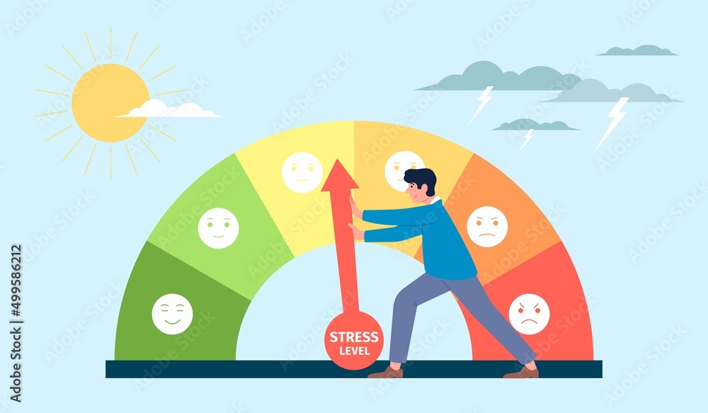 Stress level concept. Colourful mood scale, tired business man reduce ...