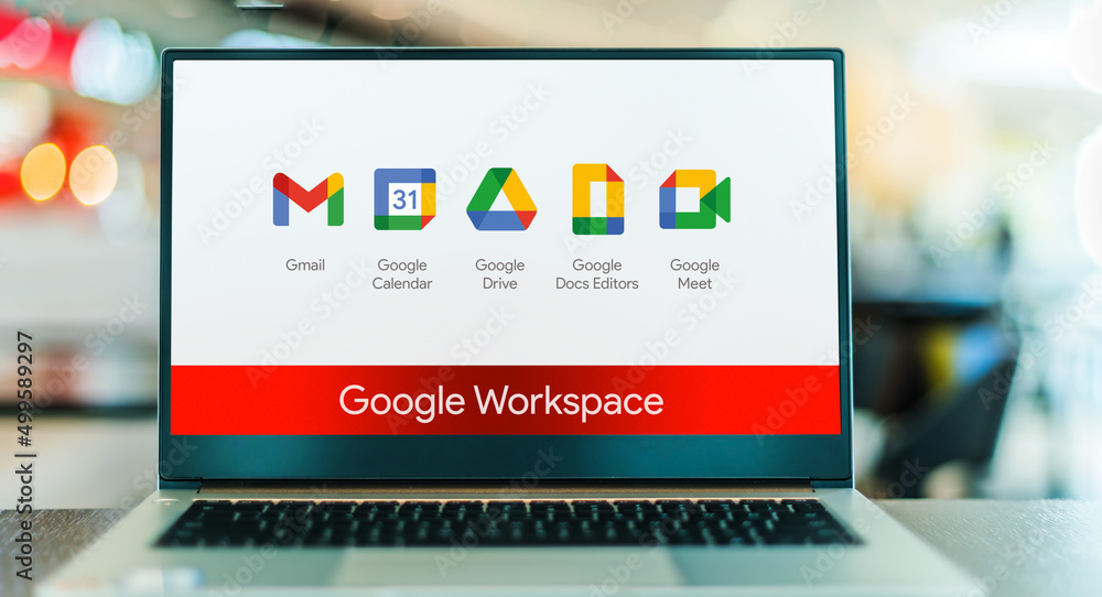 Laptop computer displaying logo of Google Workspace Stock Photo | Adobe ...