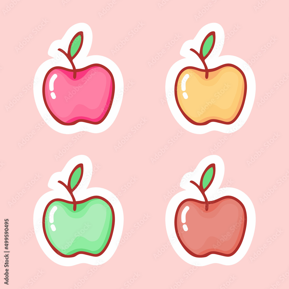 Cute hand-drawn set of apples in doodle cartoon style. Kawaii elements ...