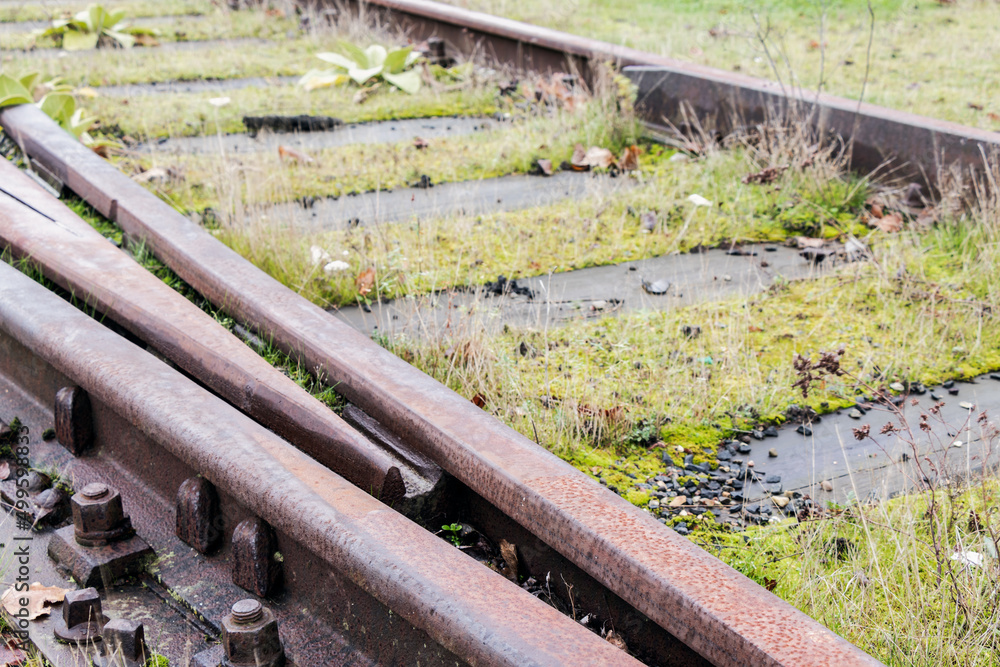 Old abandoned railroad tracks with wooden sleepers Stock Photo | Adobe ...
