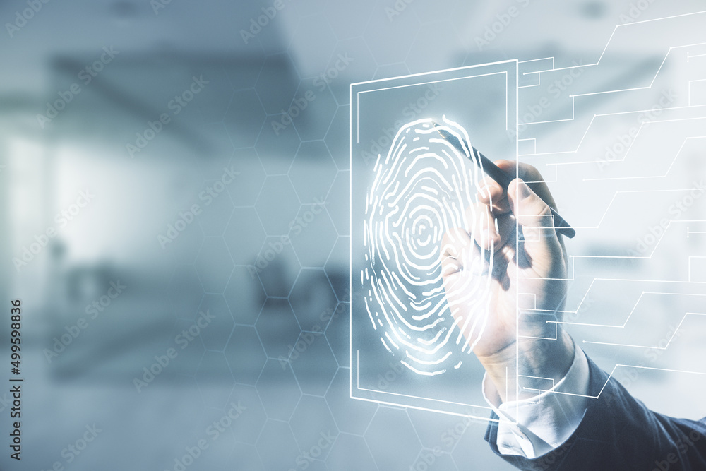 Multi exposure of man hand with pen working with virtual fingerprint ...