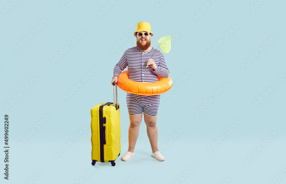 Full body length of happy funny fat man in striped swim suit, hat ...