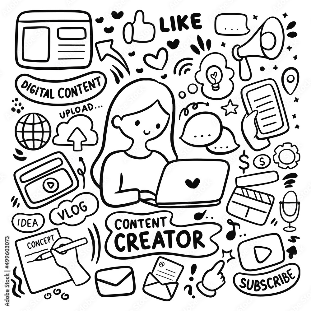 kawaii hand drawn content creator, digital marketing, vlog doodle ...