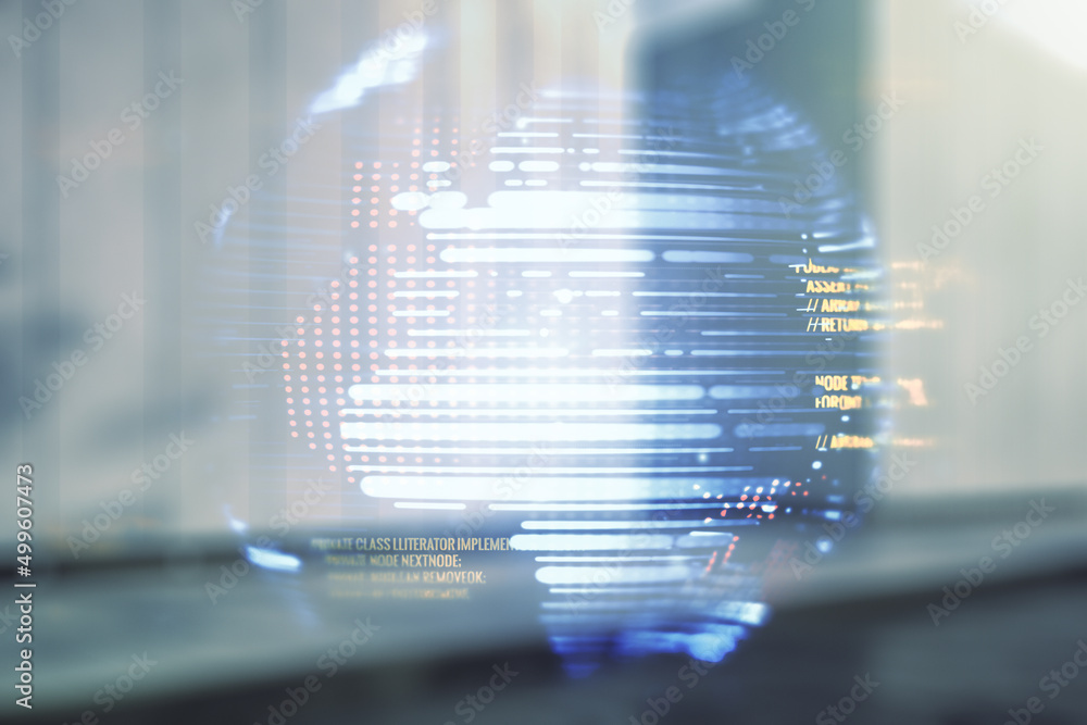 Multi exposure of abstract programming language hologram and world map ...