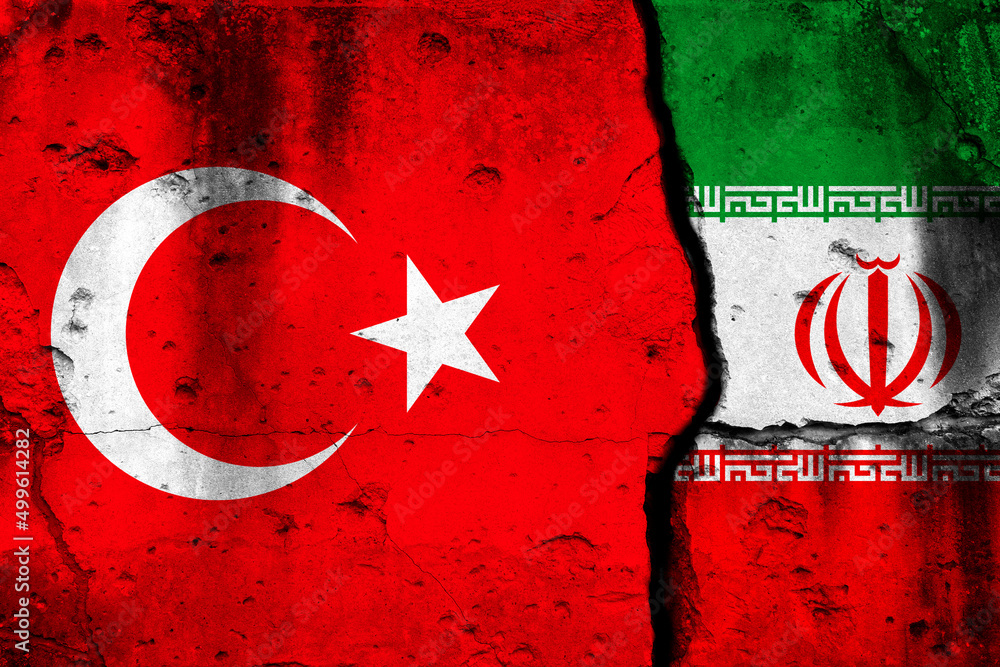 Turkey and Iran conflict, war concept. National flags background on ...