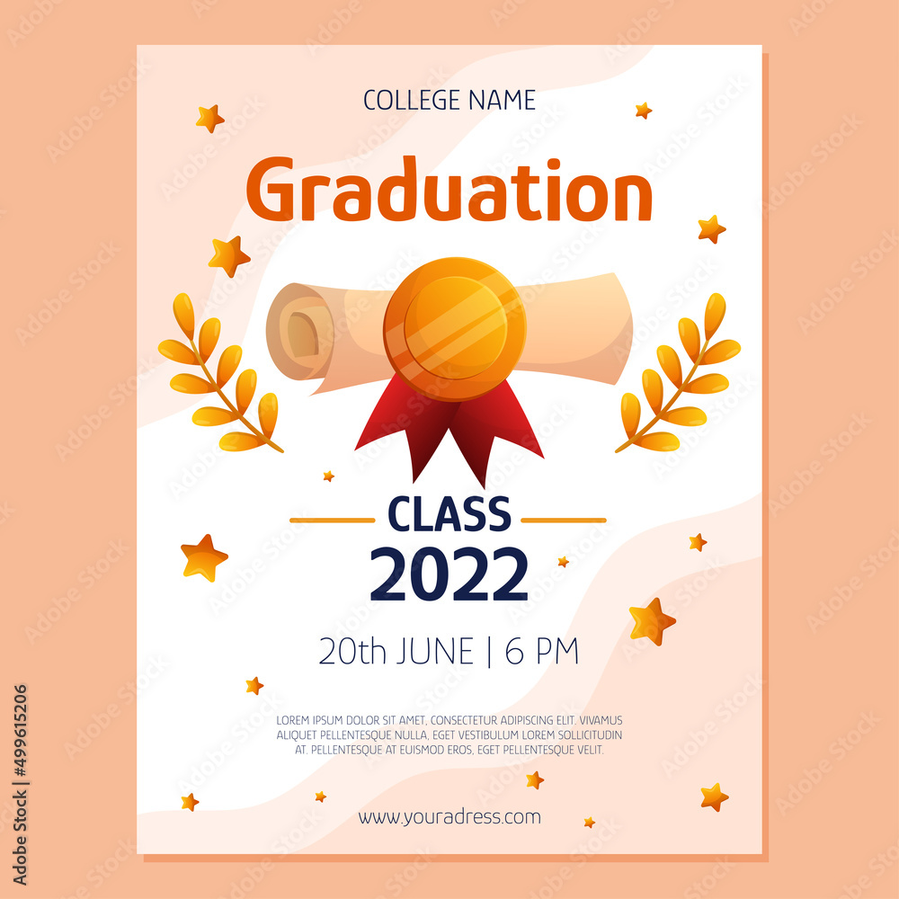 Graduation poster invitation with diploma script and golden medal ...
