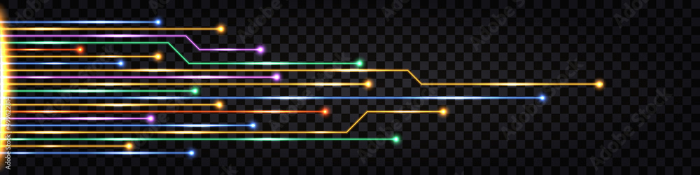Fiber optic cable lines with neon light glow effect. Network connection ...