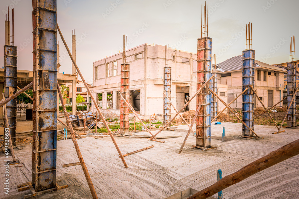 building process of a house column in construction site on housing ...