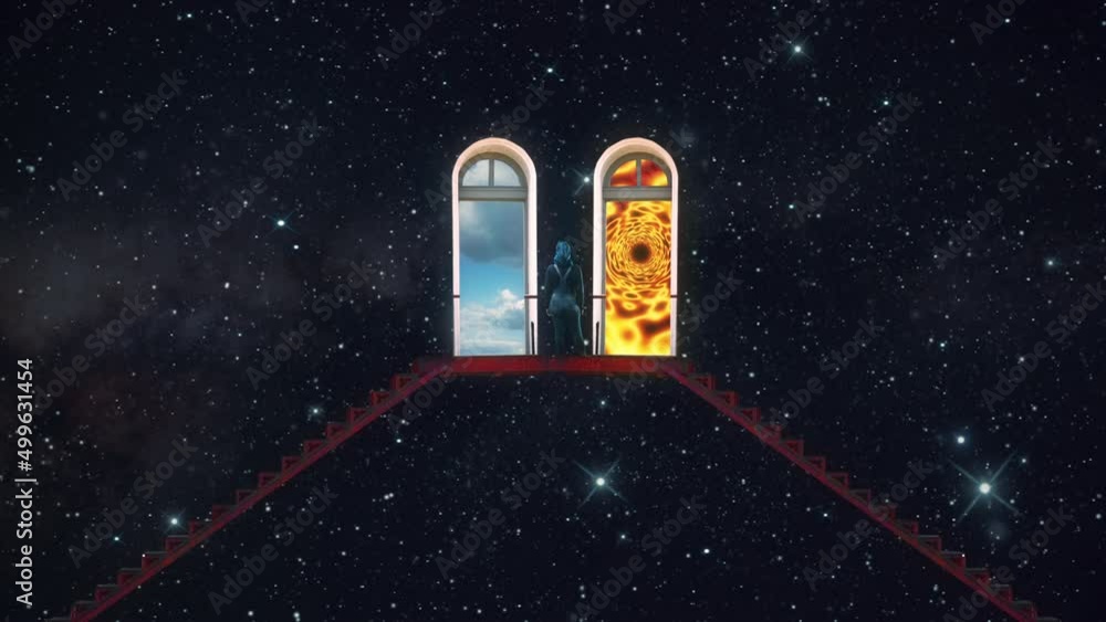 Space Stairway Woman Heaven Hell Gates Religious Concept. Woman facing ...