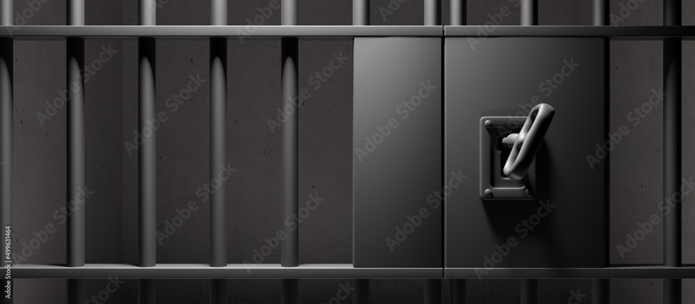Prison cell door locked, black jail metal bars, empty dark dungeon ...