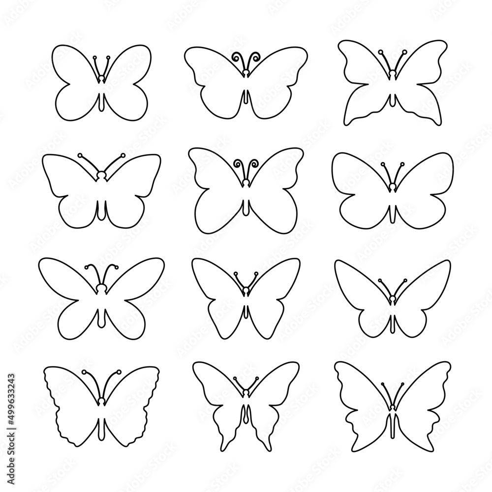 Butterfly line set. Various butterflies linear shapes collection ...