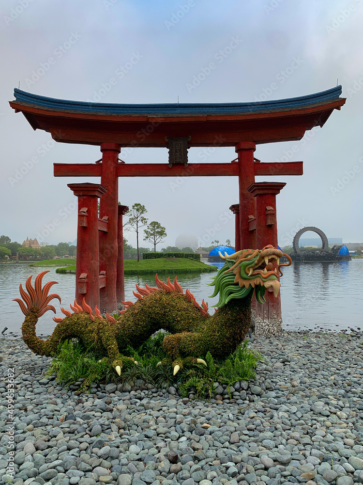 The torii of Itsukushima Shrine in front of the Japanese Pavilion in ...