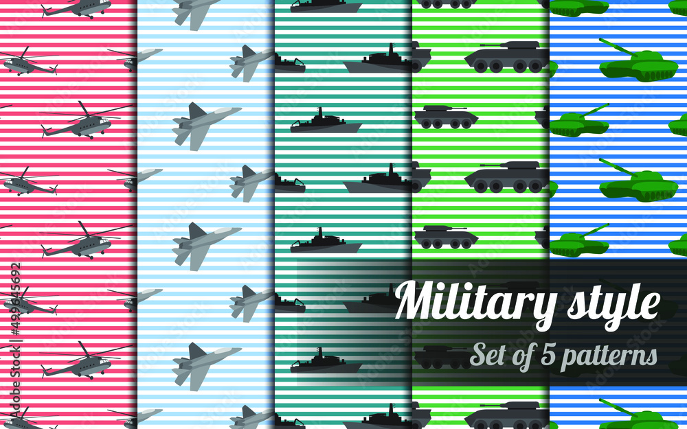 Seamless patterns in military style. Tanks, aircrafts, helicopters ...