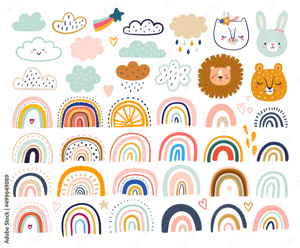 Rainbows and doodles collection. Summer trendy rainbows. Baby animals ...