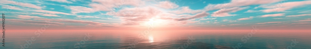 Sea sunset, ocean sunrise, sun over water surface, 3d rendering ...