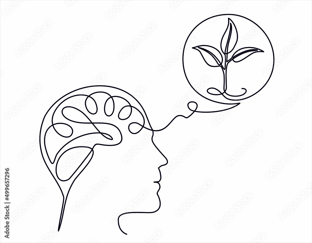 Plant leaves seed grow in brain concept. Continuous one line drawing of ...