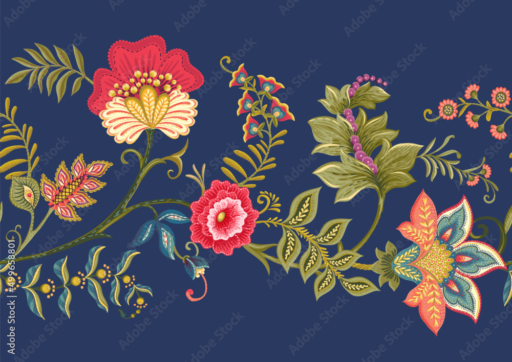 Fantasy flowers in retro, vintage, jacobean embroidery style. Border ...