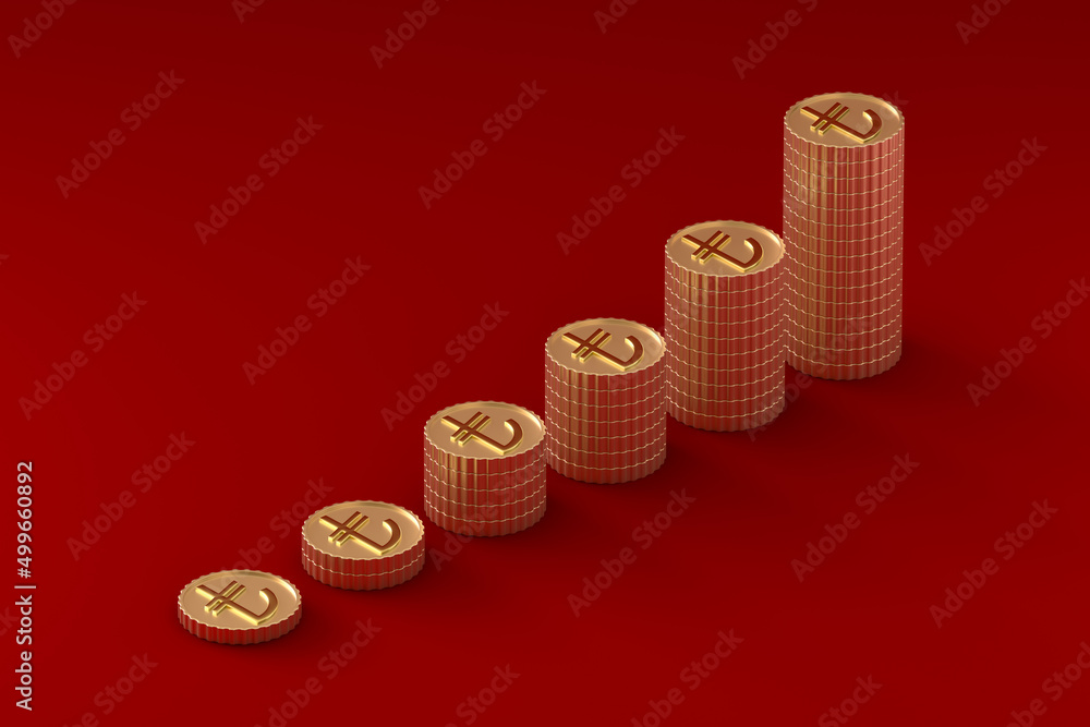Turkish Lira Symbol and gold coin bar chart on red background 3d ...