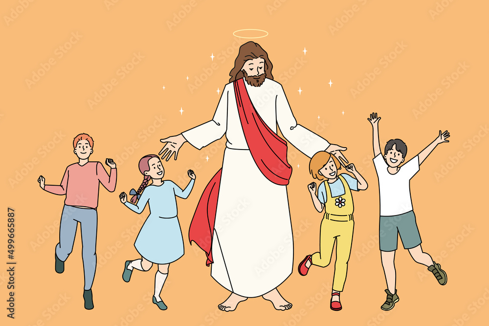 Smiling little kids dancing around Jesus Christ feeling joyful and ...