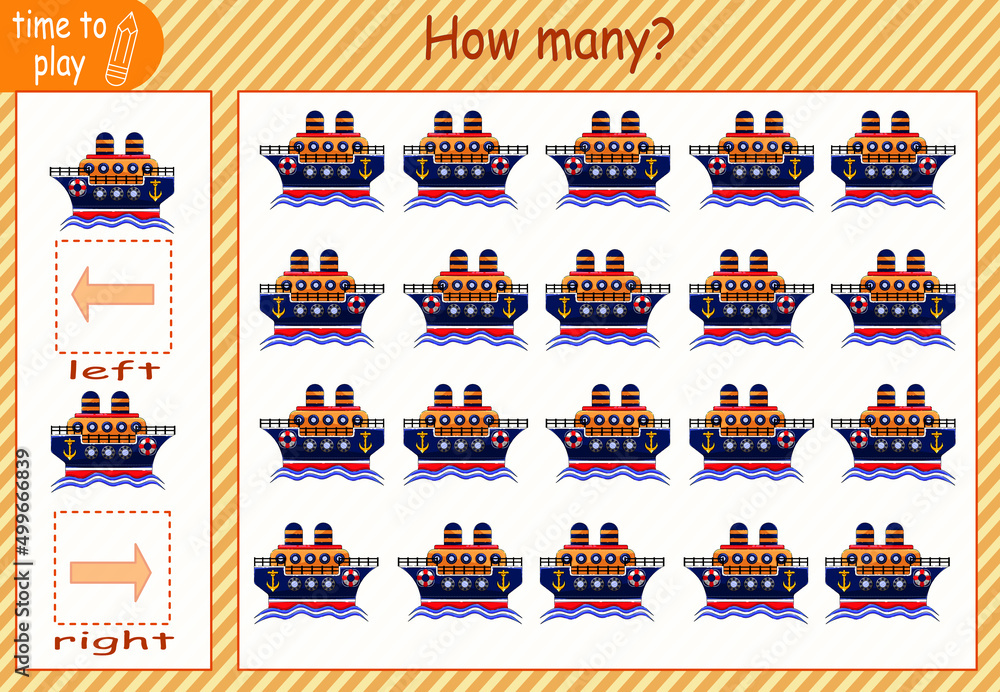 children's educational game, tasks. count how many objects will be put ...