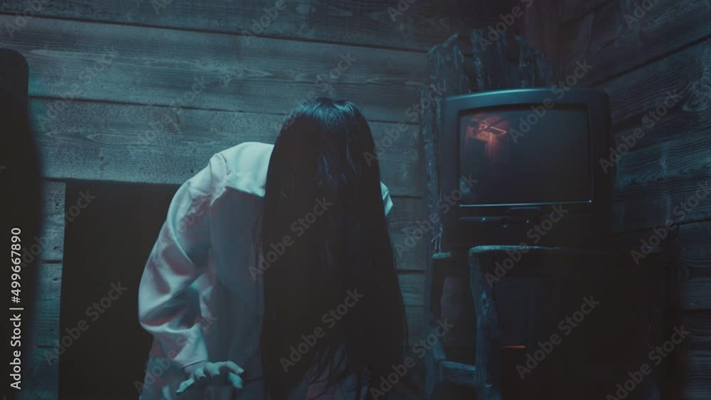Scary Ghost Woman Crawling or Walking In Horror Halloween Scene ...