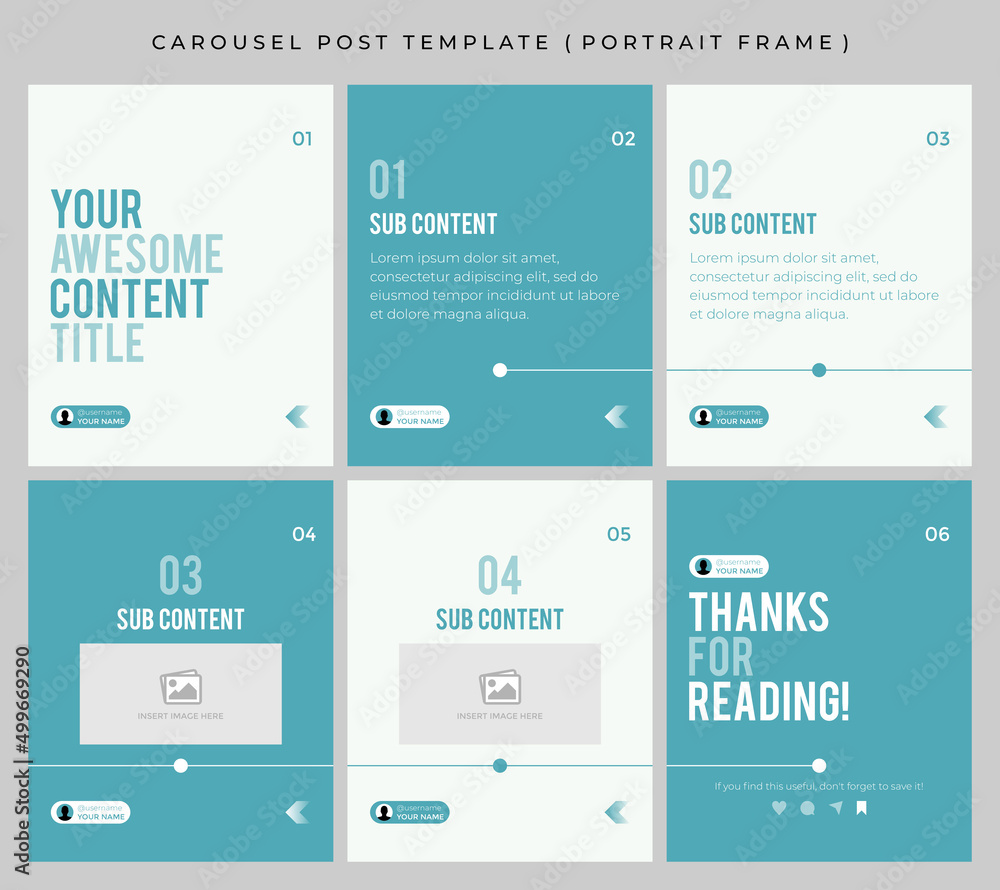 Carousel post template for social media. Microblog style, six page ...