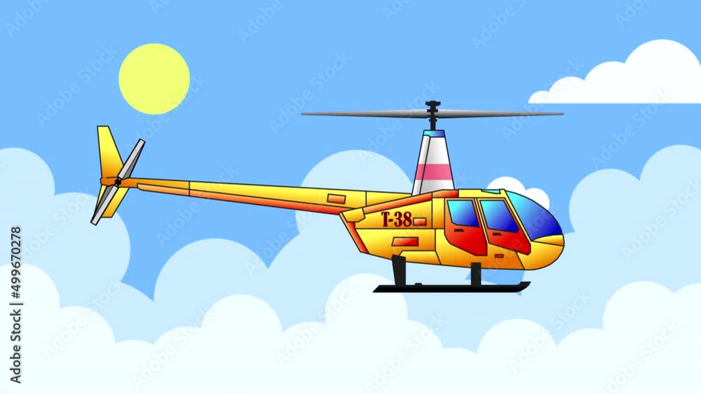 Close-up side view of a civil aviation helicopter rotates its blades ...