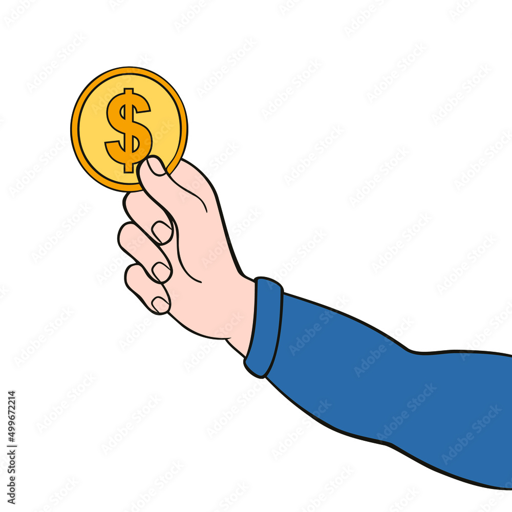 hand holding a gold coin, close-up, cartoon, on a white background ...
