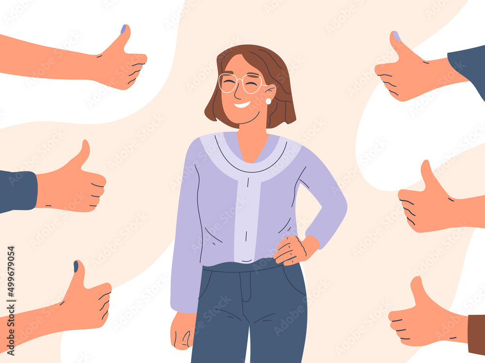 Happy person with positive approval feedback, thumbs up surrounded ...