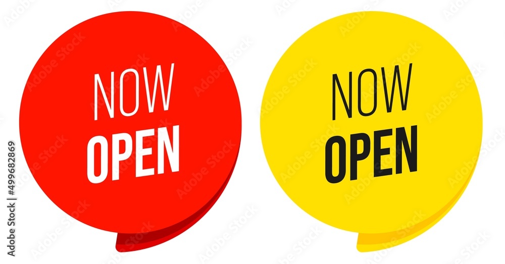 Round sticker bubble set with now open promo text. Shop store opening ...