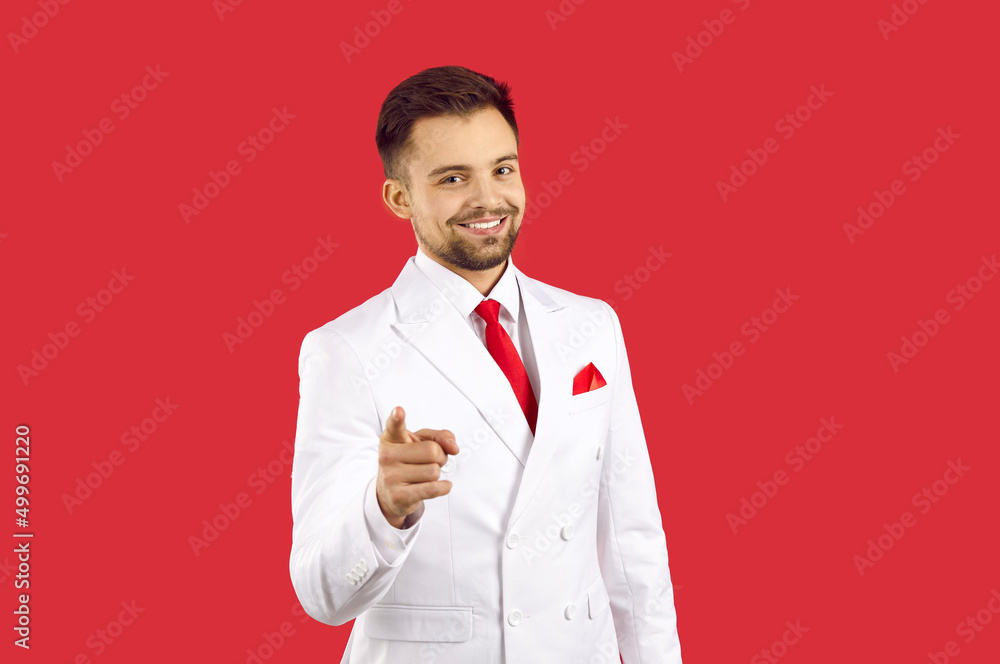 Happy confident successful handsome young man in elegant dandy white ...