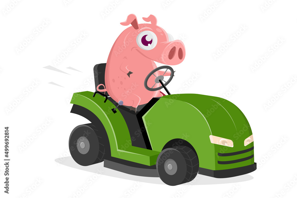 funny illustration of a cartoon pig with lawn mower tractor Stock ...