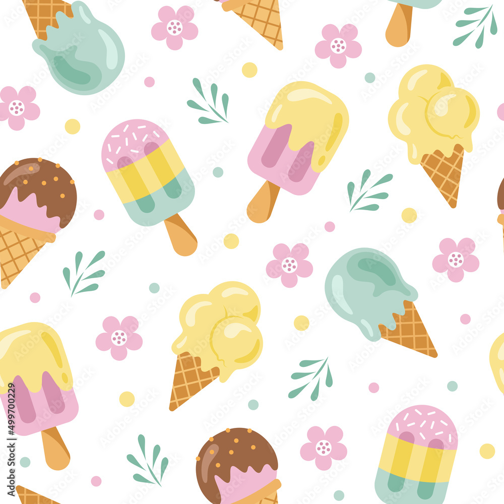 Ice cream seamless pattern. Tasty waffle cone, ice cream on stick ...